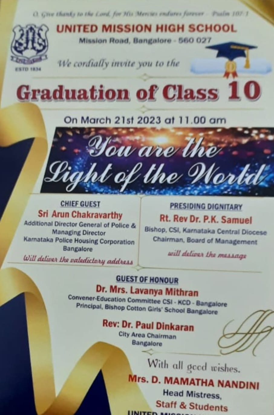 United Mission High School Graduation | Karnataka Central Diocese
